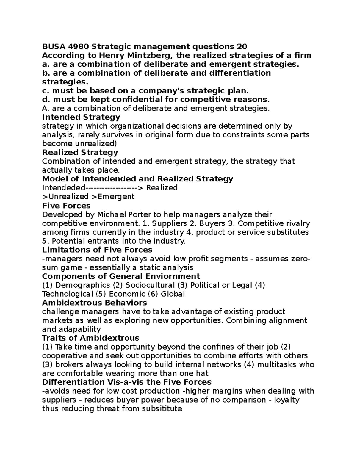BUSA 4980 Strategic management questions 20 - BUSA 4980 Strategic ...