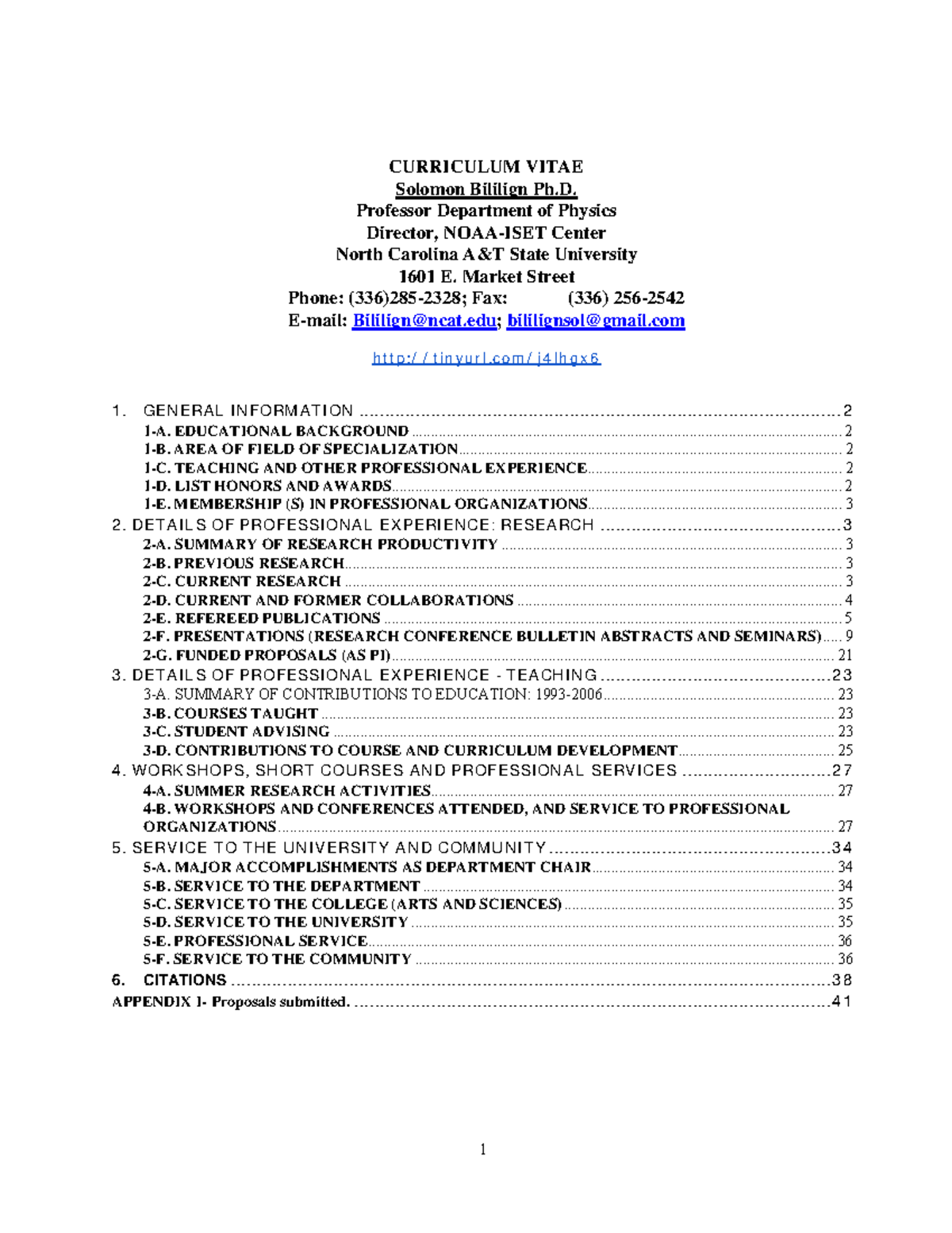 Curriculum Vitae Solomon Bililign Ph.D. Professor Department of Physics ...