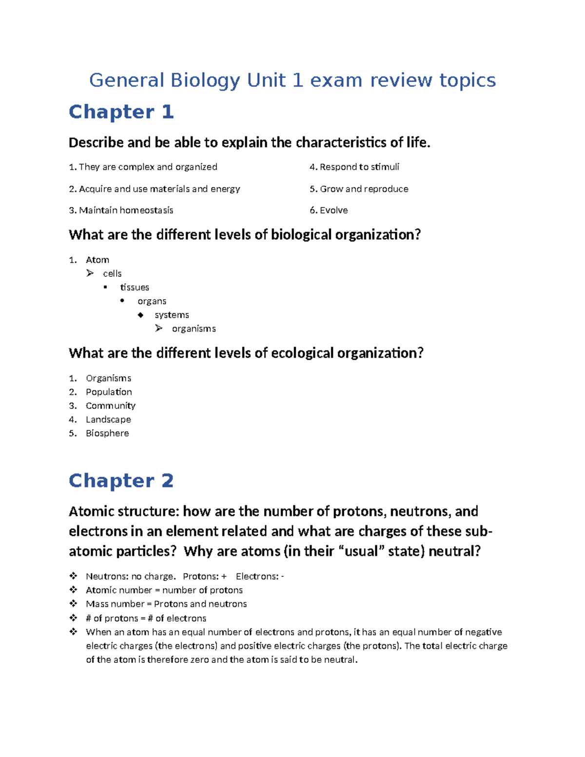 Bsc 2005 review - General Biology Unit 1 exam review topics Chapter 1 ...