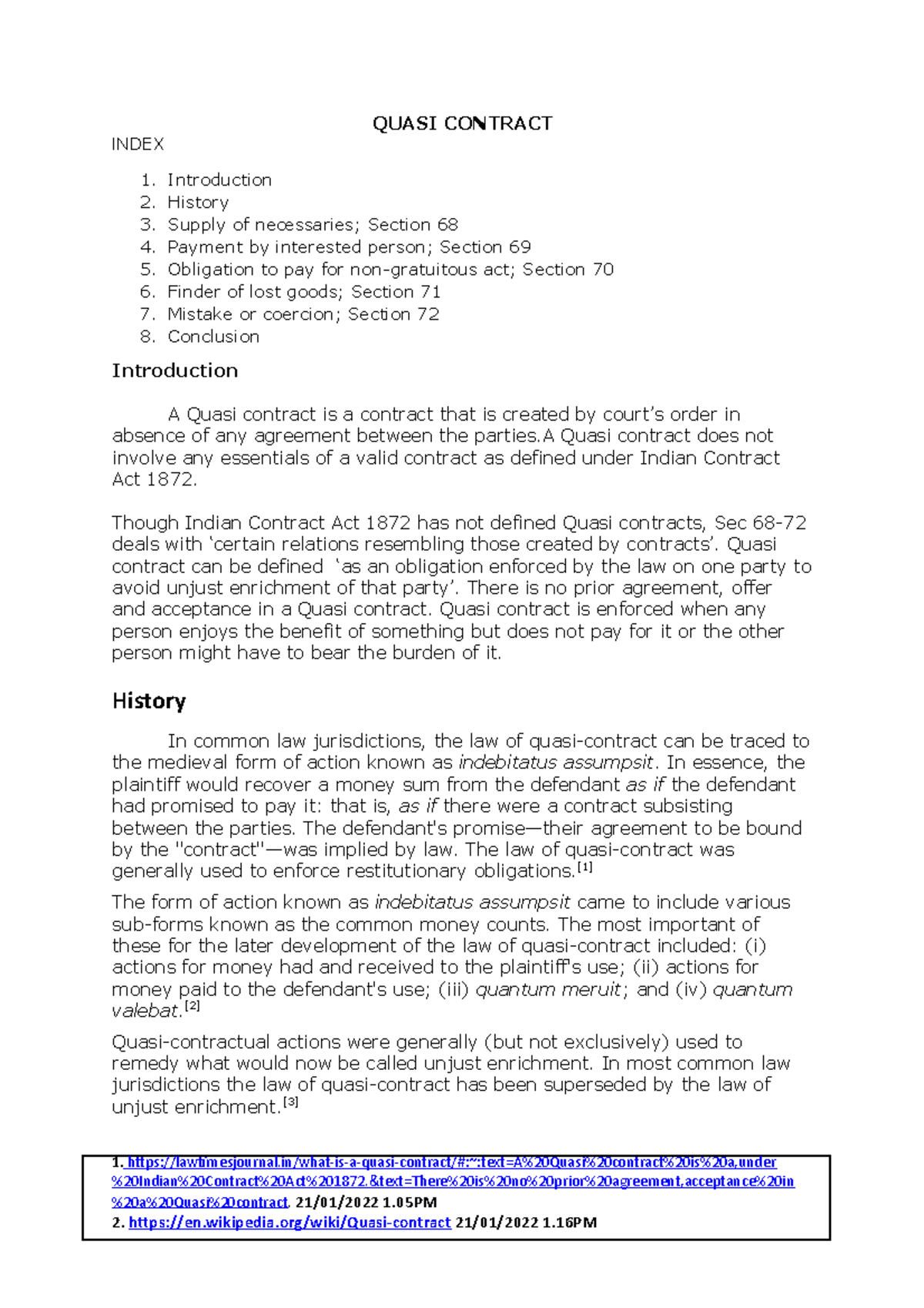 Quasi Contract new study material - QUASI CONTRACT INDEX Introduction ...