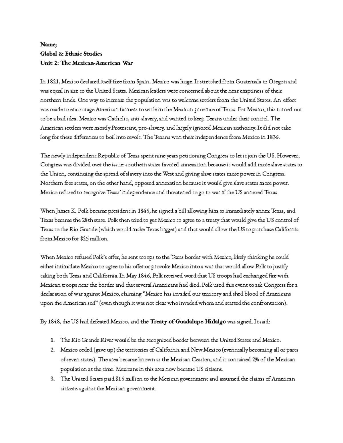 Ethnic Studies Unit 2 - The Mexican-American War - Name; Global ...