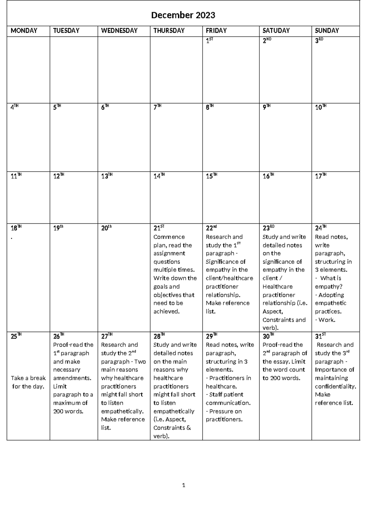 Unit 3 Assignment Timetable Approach - December 2023 MONDAY TUESDAY WEDNESDAY THURSDAY FRIDAY ...