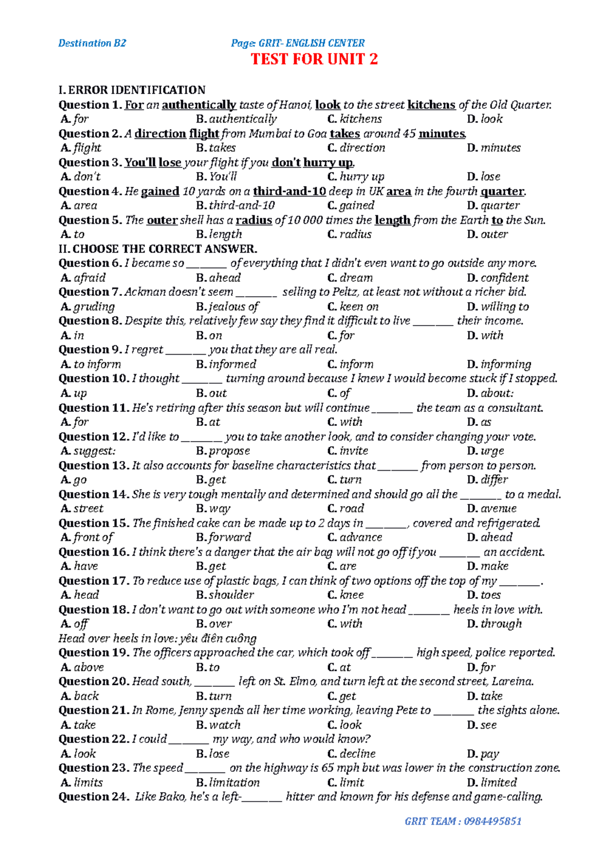 english exercises- ftu - TEST FOR UNIT 2 I. ERROR IDENTIFICATION ...