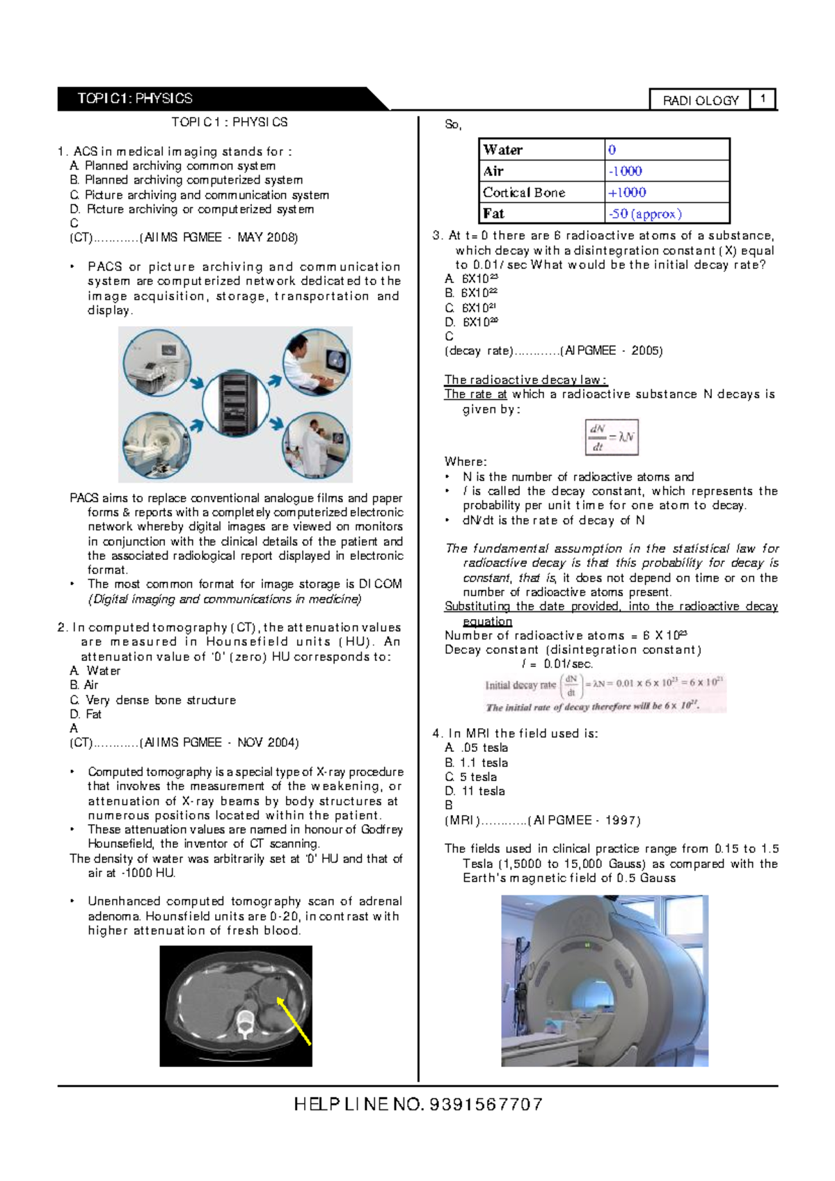 14. Radiology MCQ - MCQs and Summary - RADI OLOGY 1 TOPI C 1 : PHYSI CS ...