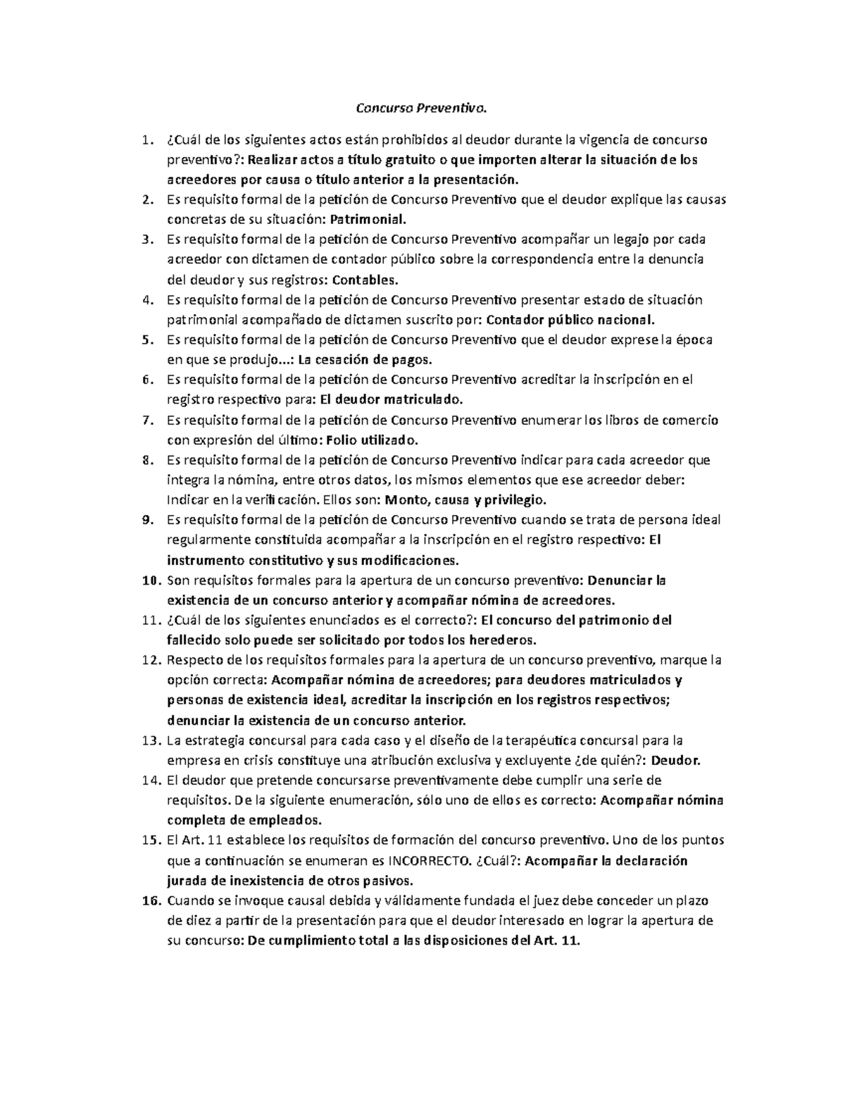 Derecho Concursal Concurso Preventivo PREGUNTAS PARCIAL 1 - Concursos y Quiebras - Studocu