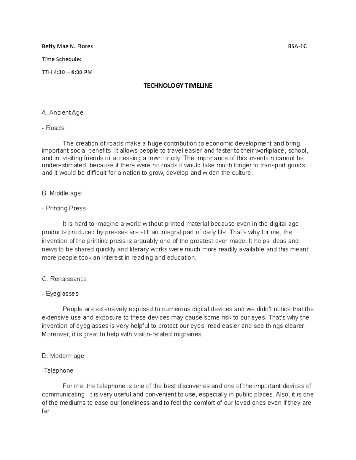 STS - Technology Timeline - Betty Mae N. Flores BSA-1C Time Schedule ...