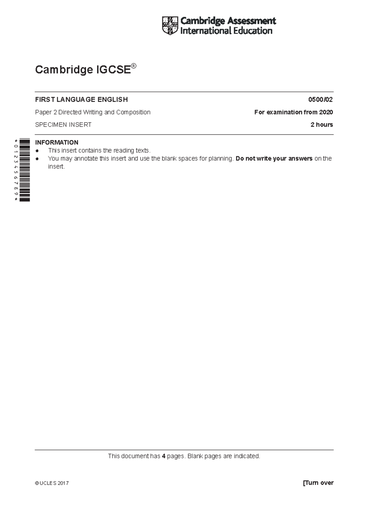 414807 2020 specimen paper 2 insert - Cambridge IGCSE ® FIRST LANGUAGE ...