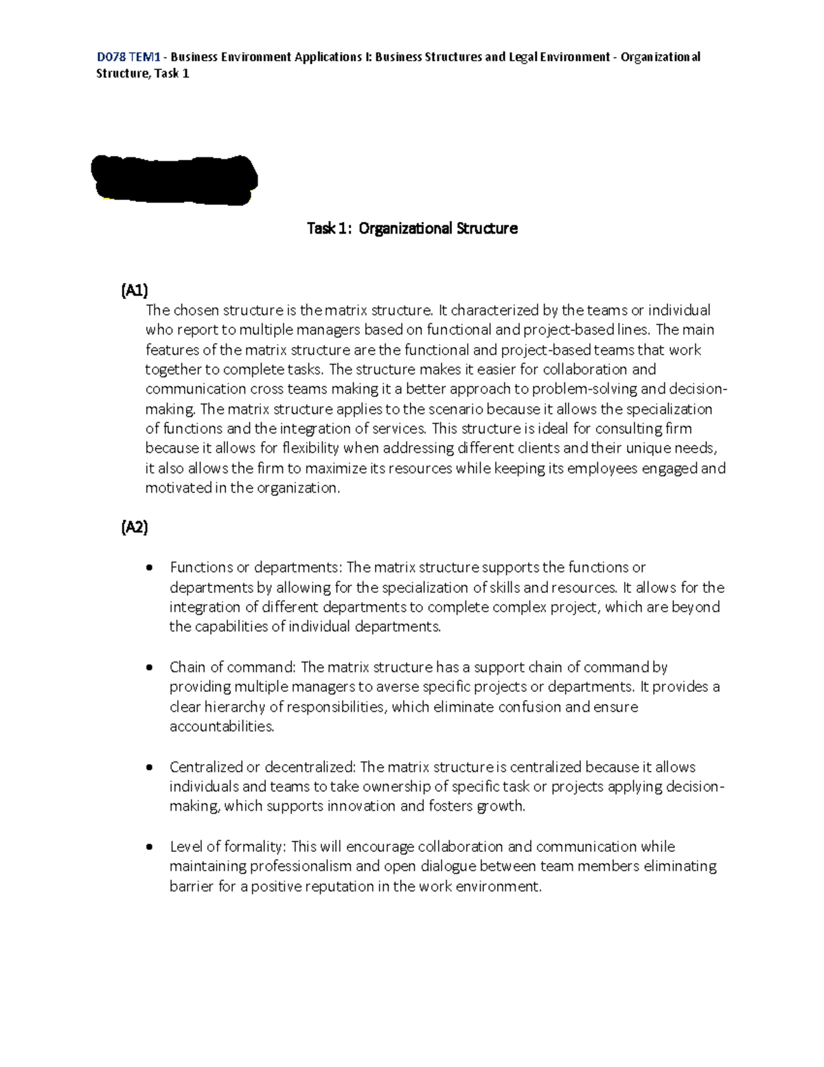 D078 - Task 1 Template - passed - D078 TEM1 - Business Environment ...