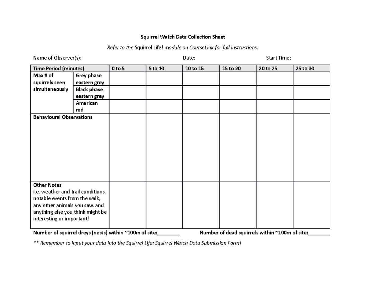 Squirrel Watch Data Collection Sheet - Hardcopy - Squirrel Watch Data ...