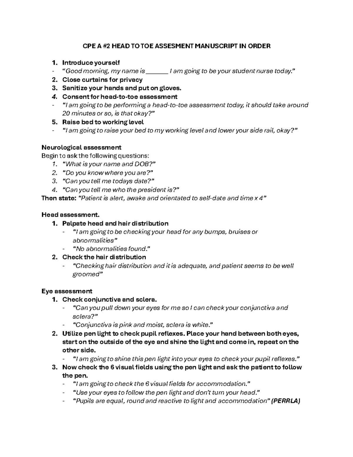 CPE A head to toe - Head to toe check offs - CPE A #2 HEAD TO TOE ...