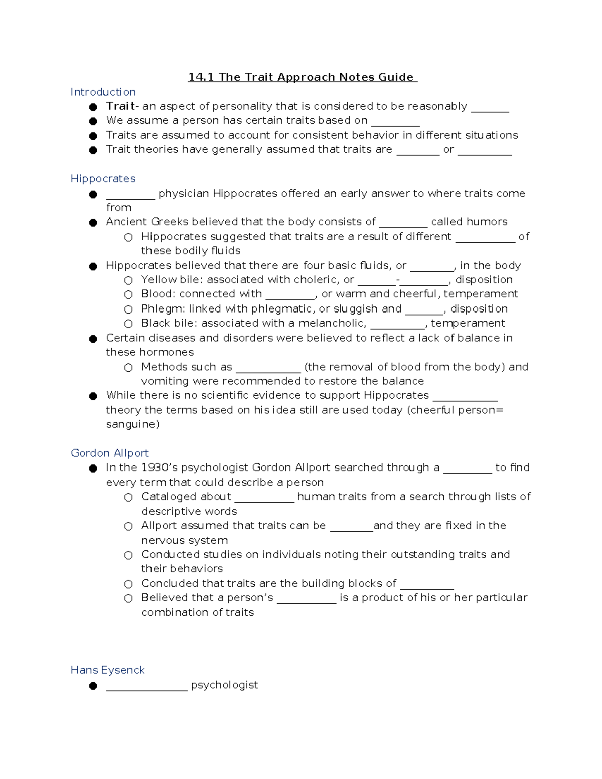 141 The Trait Approach Notes Guide 14 The Trait Approach Notes Guide Introduction Trait An
