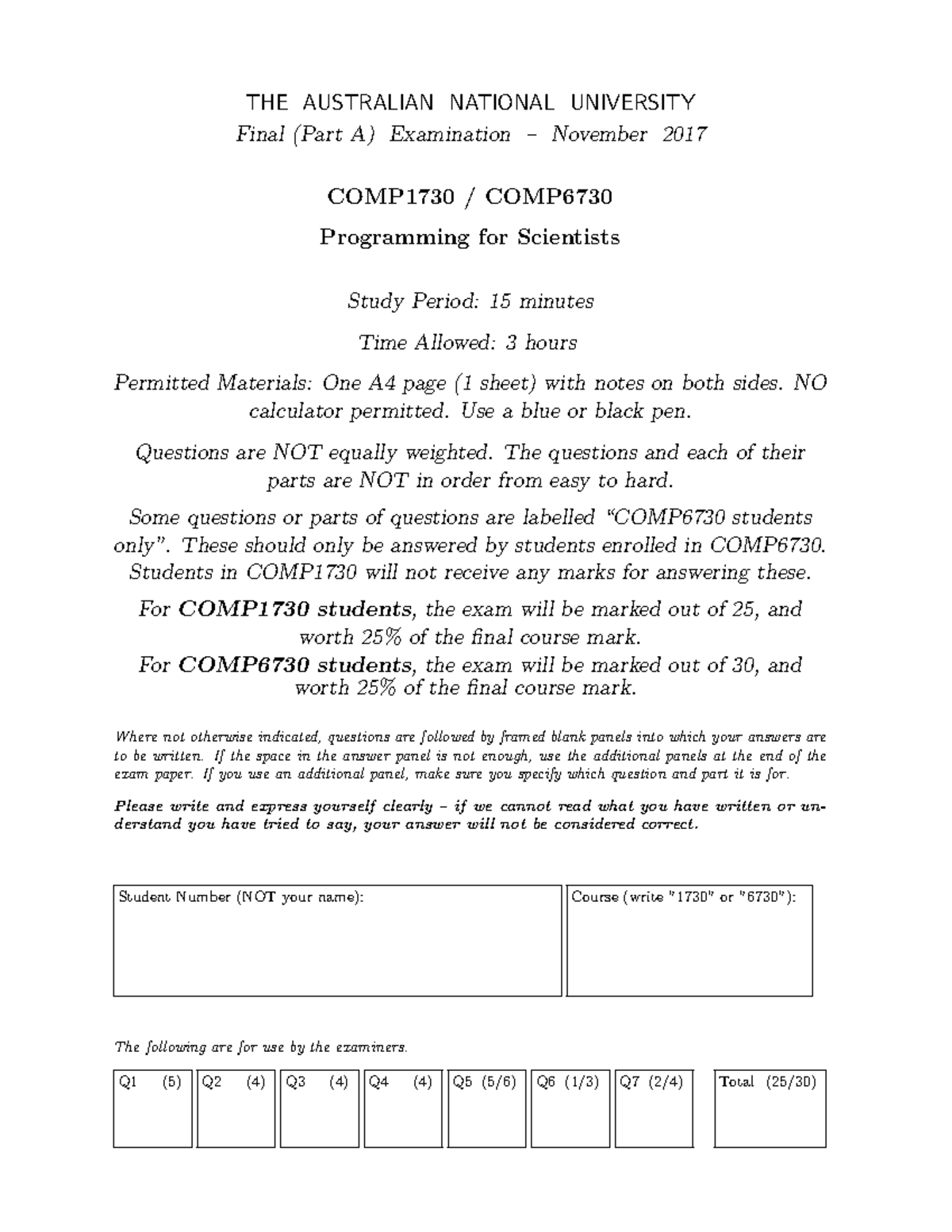 Final theory exam 2017 - exam paper - THE AUSTRALIAN NATIONAL ...