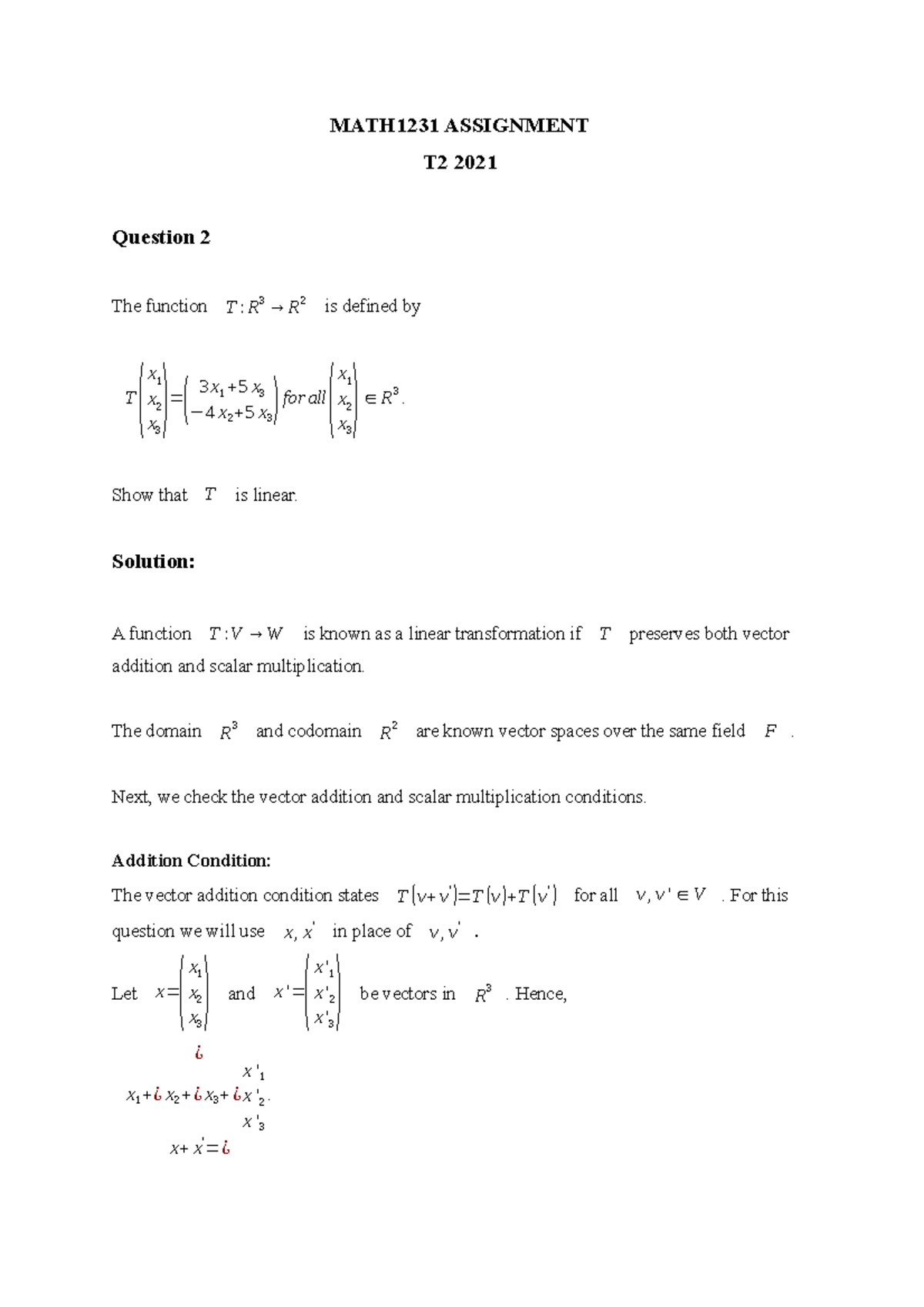 MATH1231 Applied Mathematics Assignment - MATH1231 ASSIGNMENT T2 2021 ...