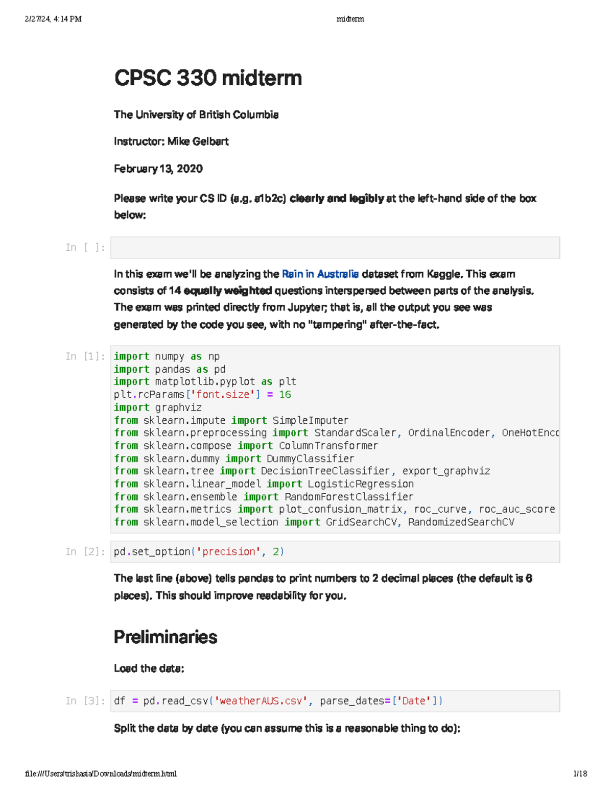 Midterm practice - CPSC 330 midterm The University of British Columbia ...