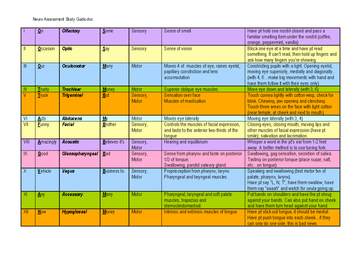 Neuro-assessment - Neuro Assessment Study Guide I On Olfactory Some ...