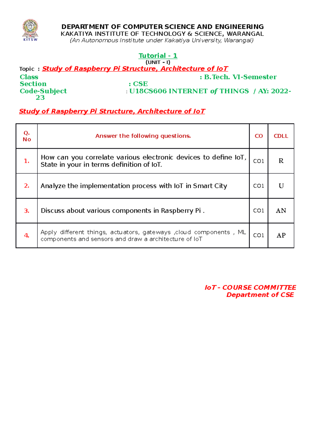Io T T1 - Tutorial - DEPARTMENT OF COMPUTER SCIENCE AND ENGINEERING ...