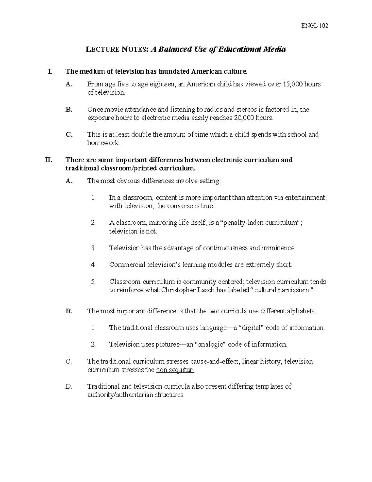 Lecture Notes A Balanced Use of Educational Media - ENGL 102 LECTURE ...