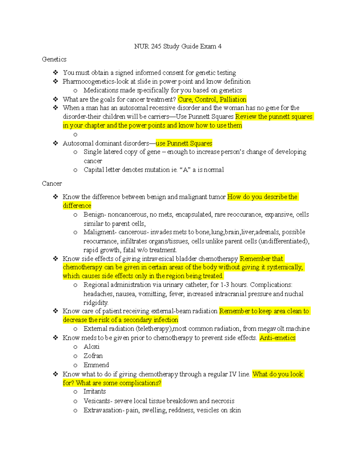 NUR 245 Study Guide Exam 4Cancer%2c Genetics%2c HTN Fall15 - NUR 245 ...