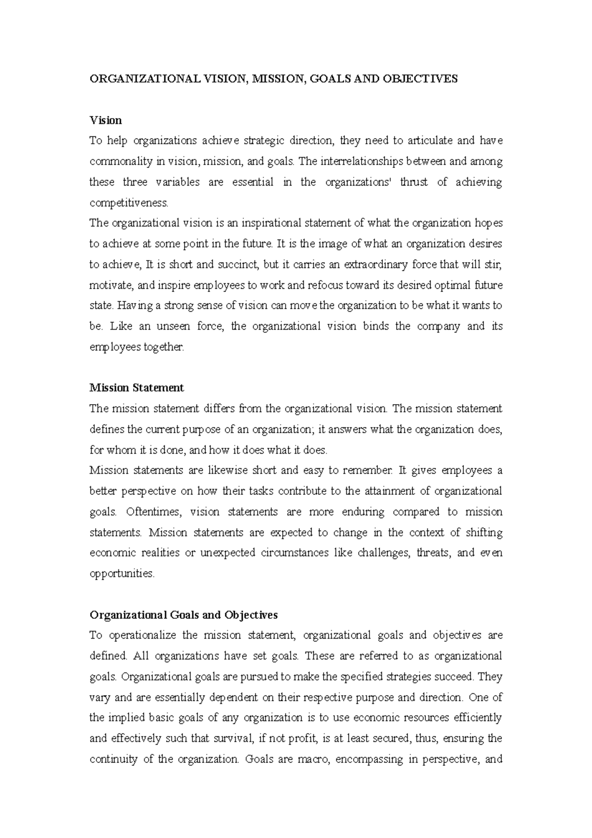 Organizational Vision - ORGANIZATIONAL VISION, MISSION, GOALS AND ...