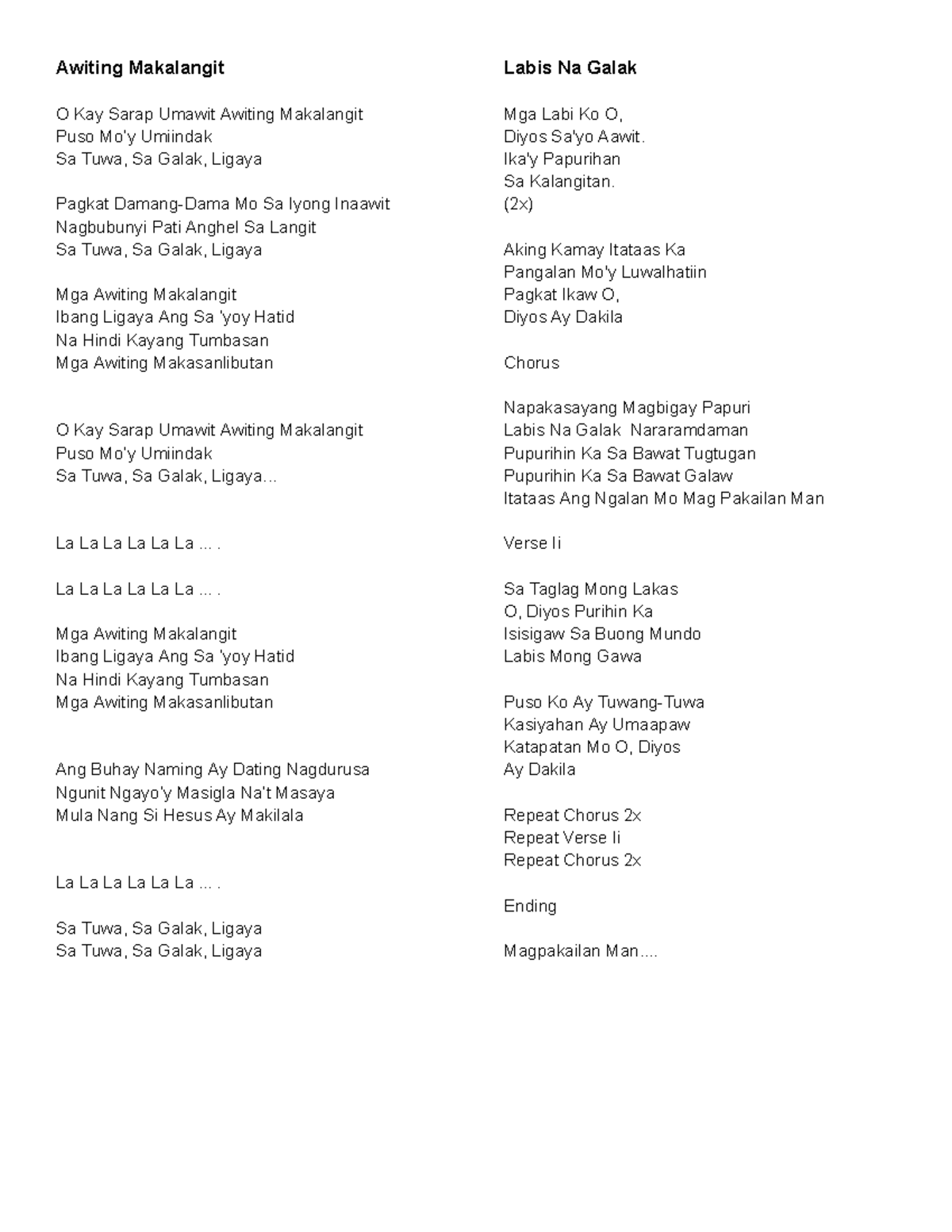 Lyrics - Awiting Makalangit O Kay Sarap Umawit Awiting Makalangit Puso ...