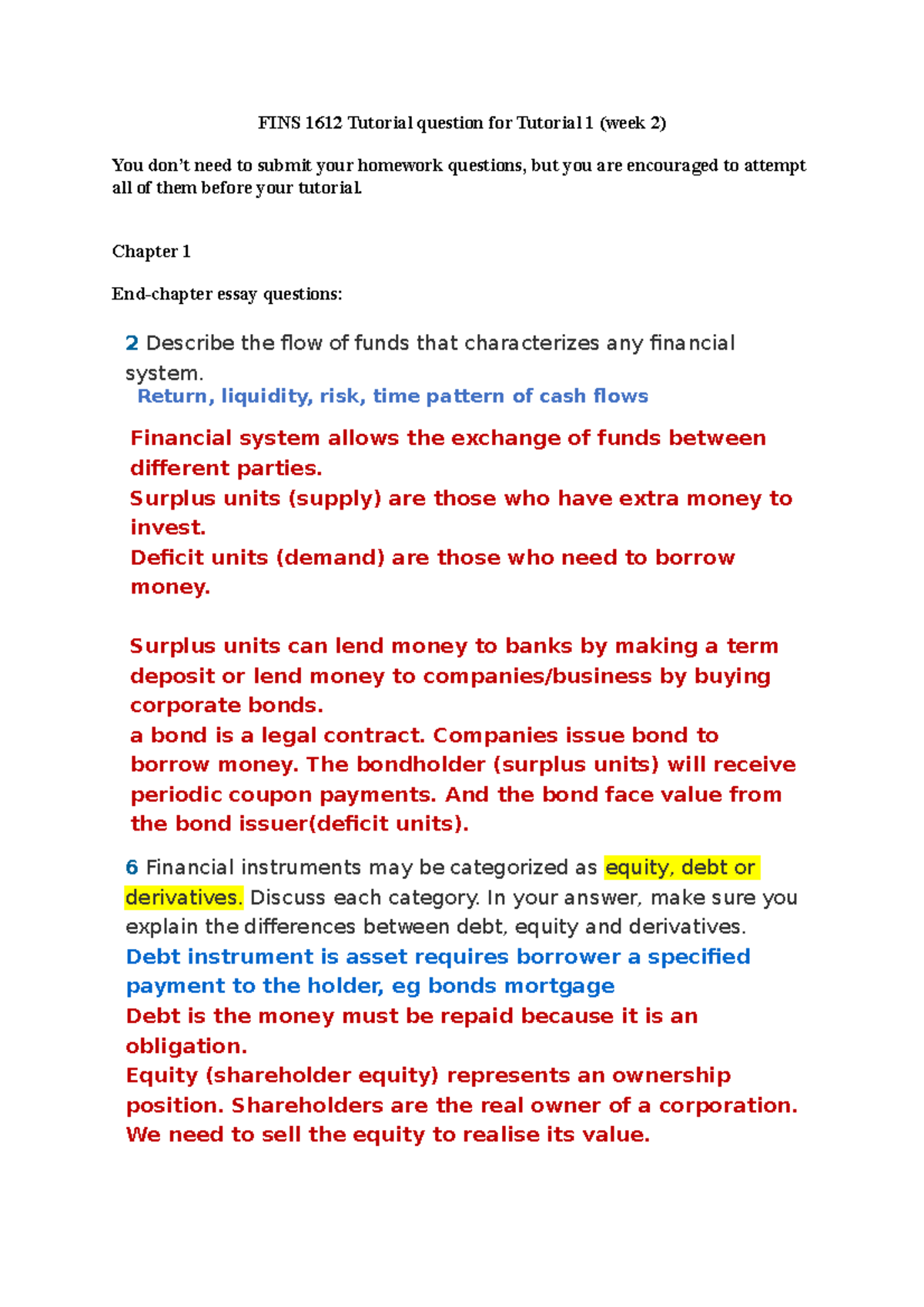 Tutorial 1 - note - FINS 1612 Tutorial question for Tutorial 1 (week 2) You don’t need to submit ...