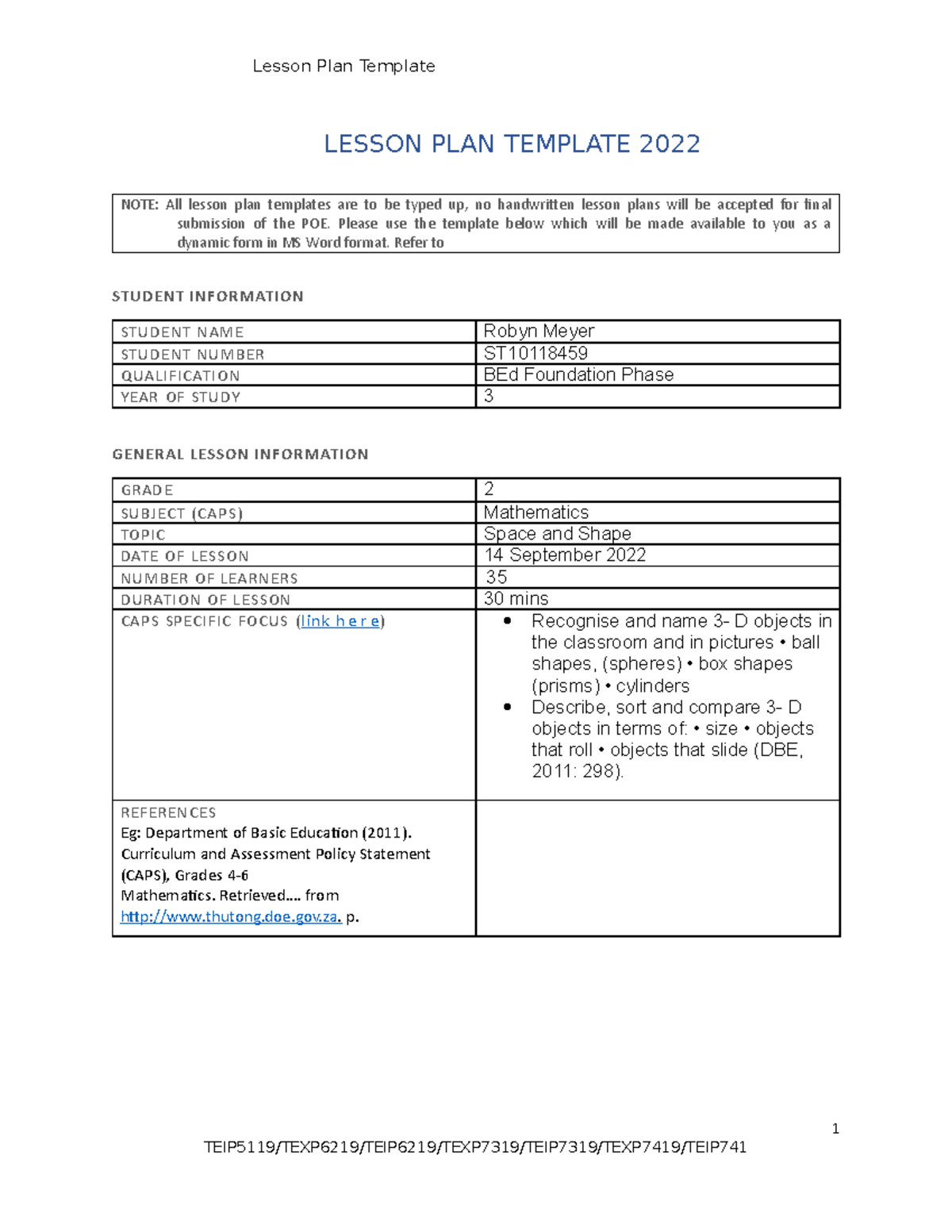 Robyn Meyer. ST10118459. TMSS6311. POE Lesson Plan 2 - LESSON PLAN ...