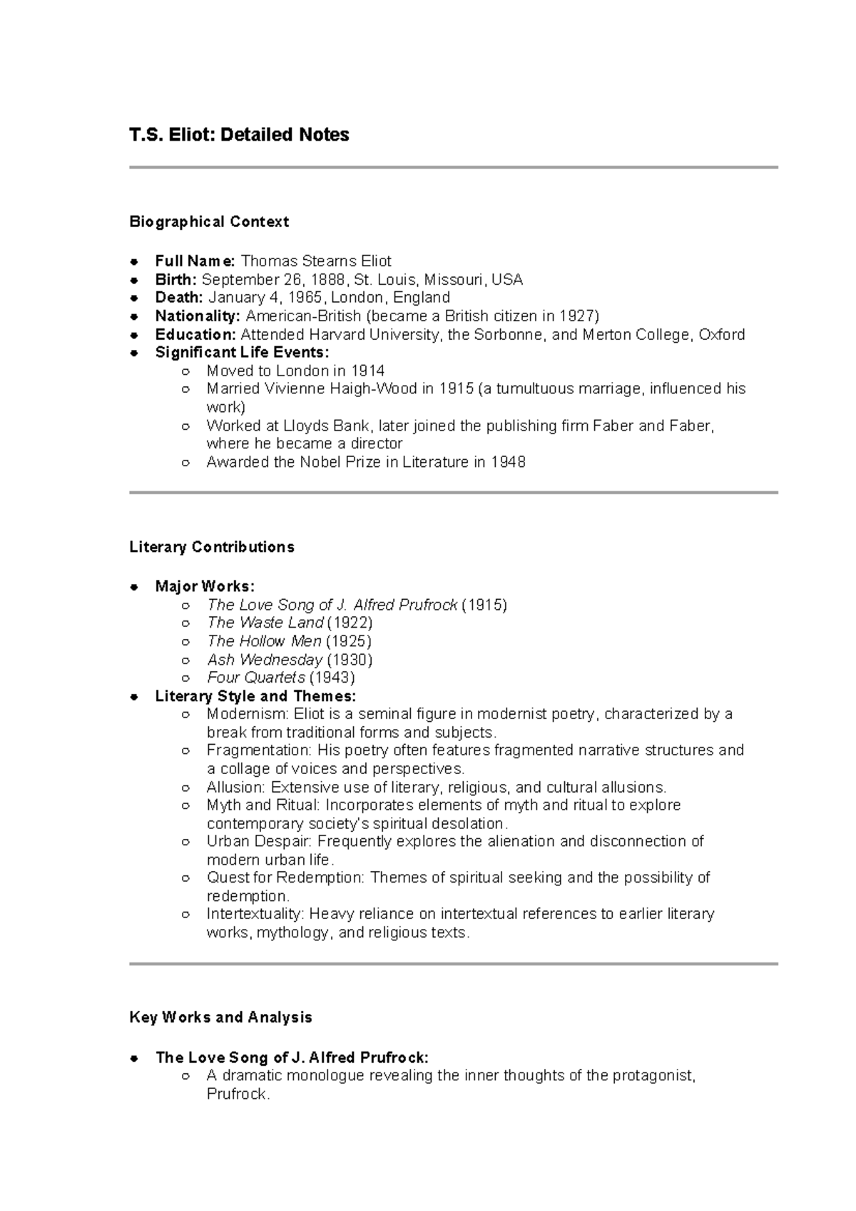 T.S. Eliot Comprehensive Study Notes - T. Eliot: Detailed Notes ...