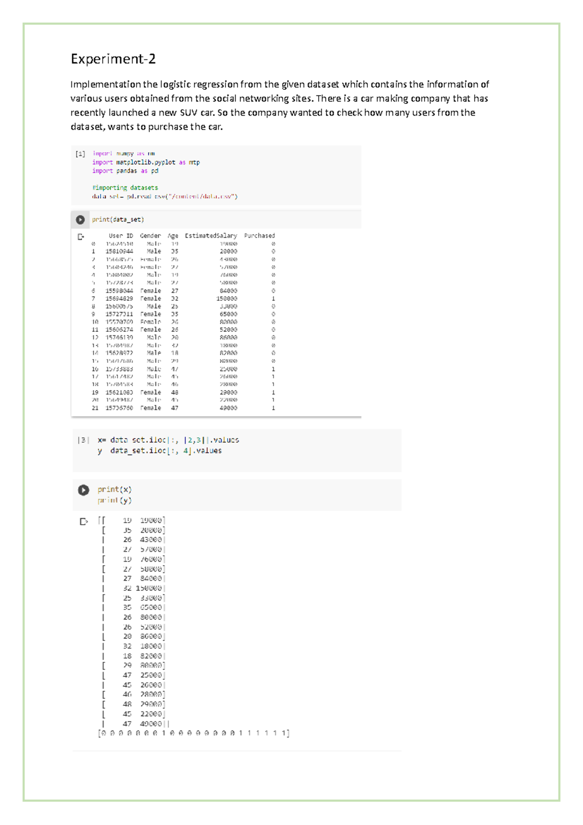 Experiment - Computer Science and Enginnering - Experiment- Implementation the logistic ...