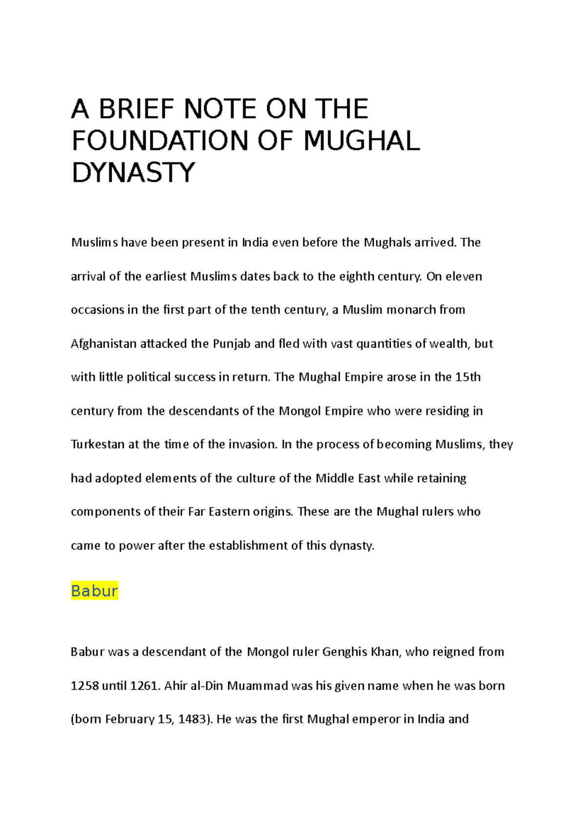 A Brief NOTE ON THE Foundation OF Mughal Dynasty - A BRIEF NOTE ON THE ...