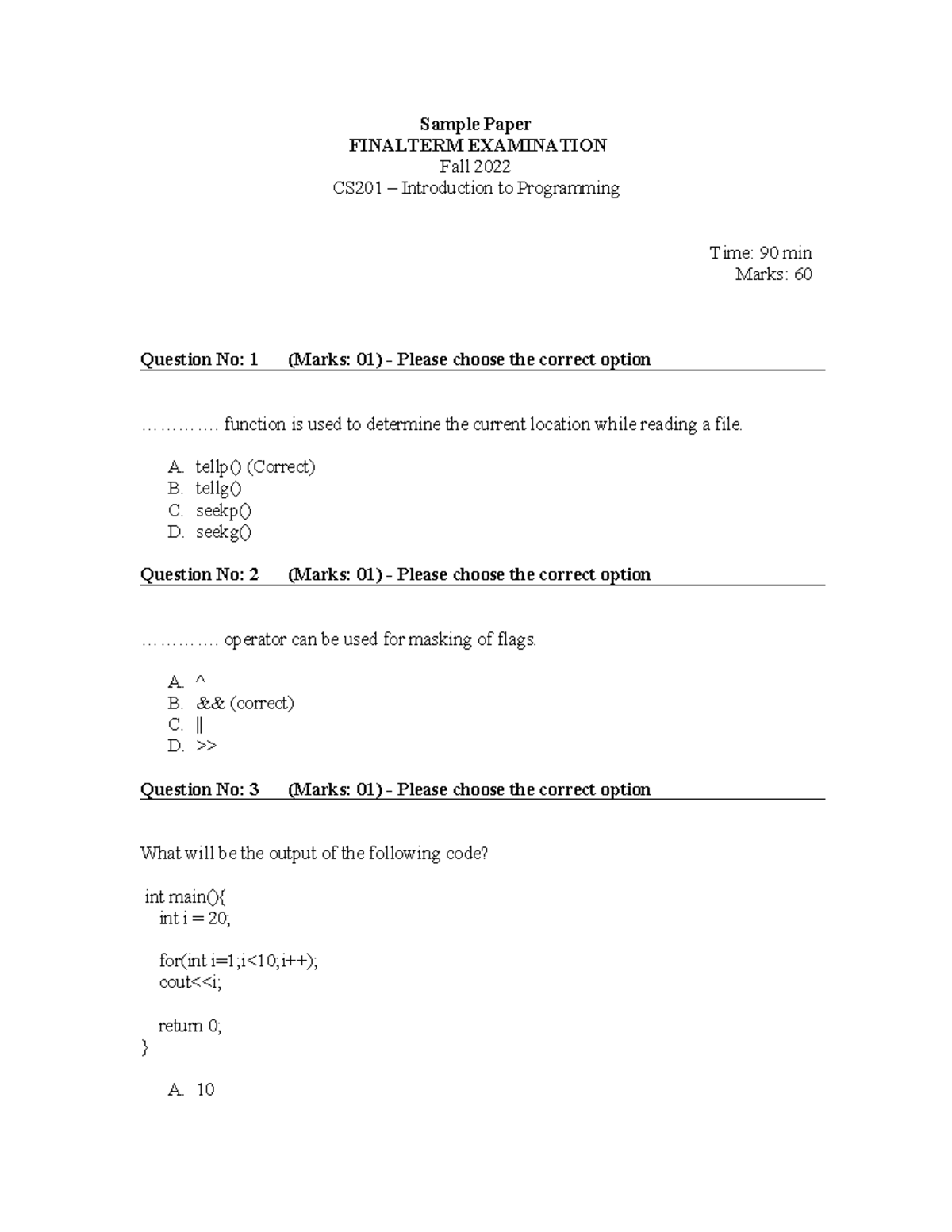 Sample Paper of CS201 - Sample Paper FINALTERM EXAMINATION Fall 2022 CS201 – Introduction to ...