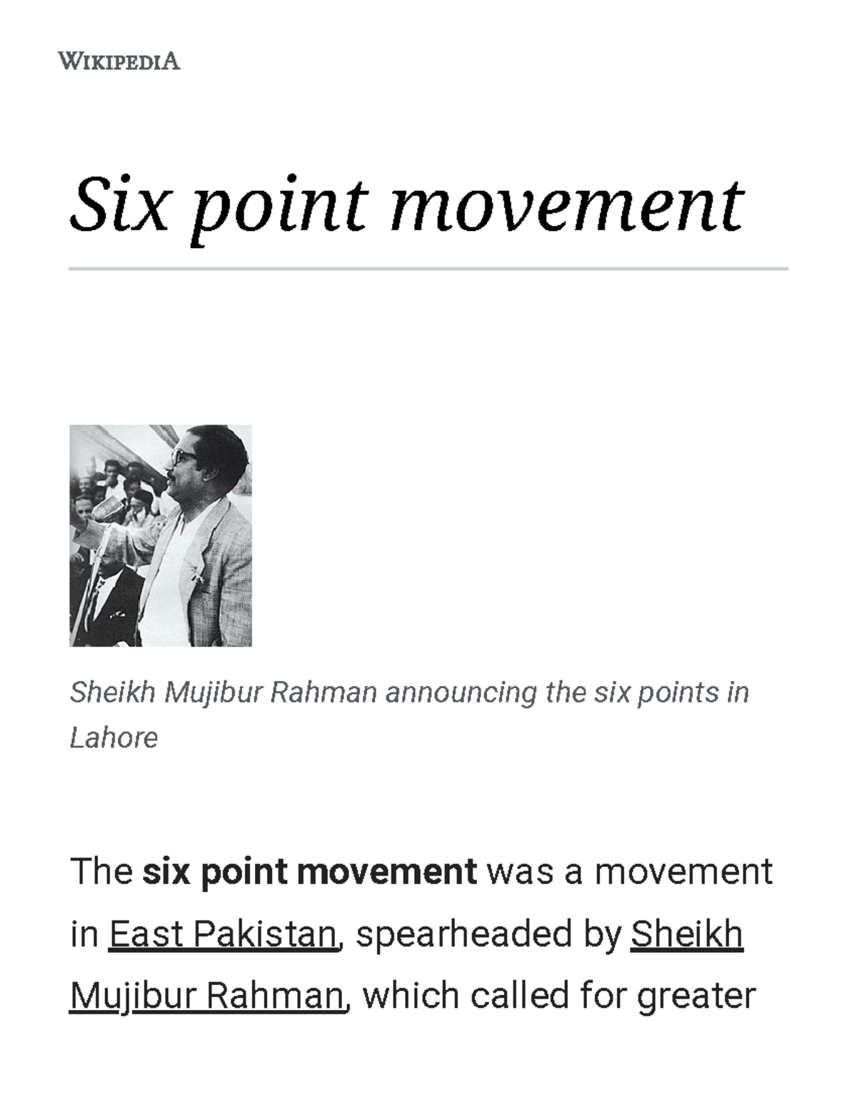 Six point movement - Wikipedia - Bangladesh Studies - DU - Studocu