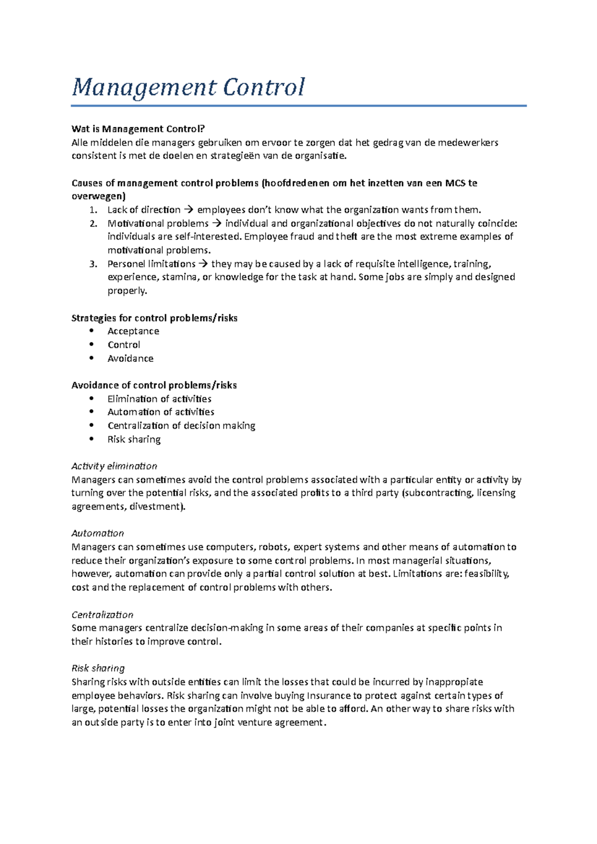 Management Control samenvatting - Management Control Wat is Management ...