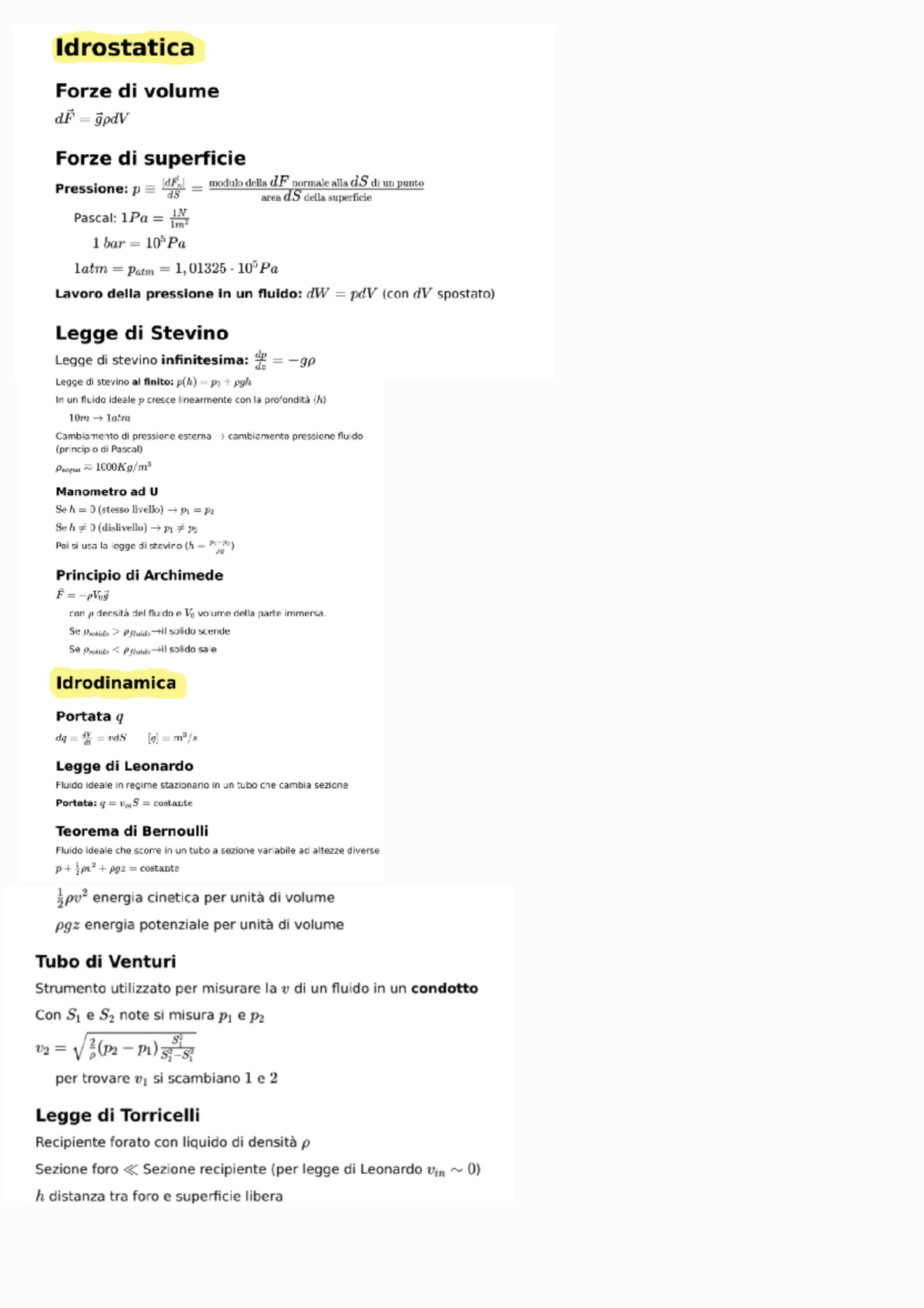 Formulario - Idrostatica Forze di volume dF gpdV Forze di superficie dF ...