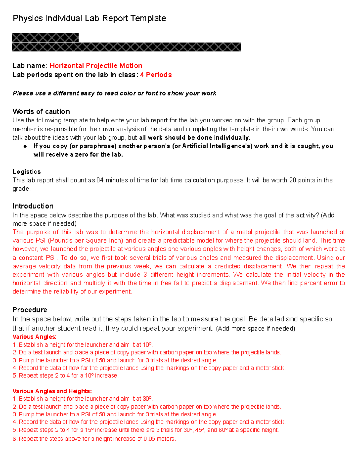 General Projectile Motion Lab - Physics Individual Lab Report Template ...