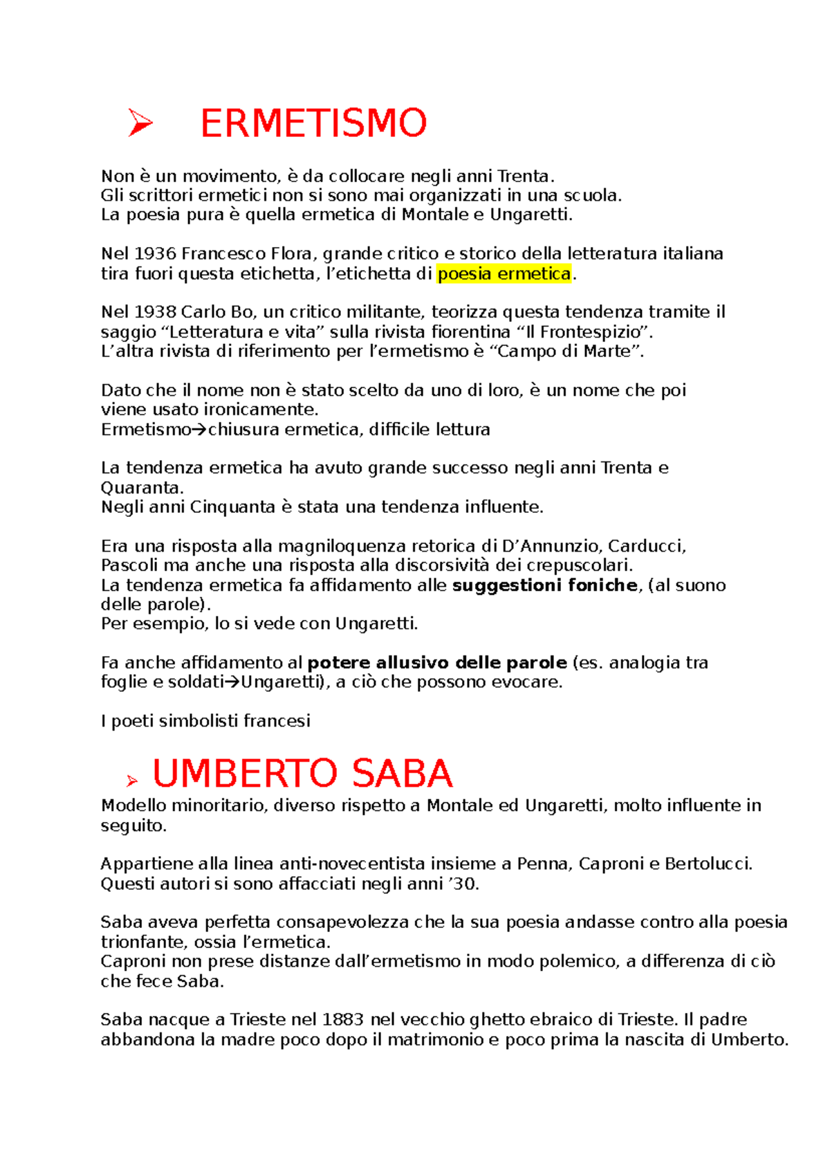 Ermetismo e SABA - appunti - ERMETISMO Non è un movimento, è da ...