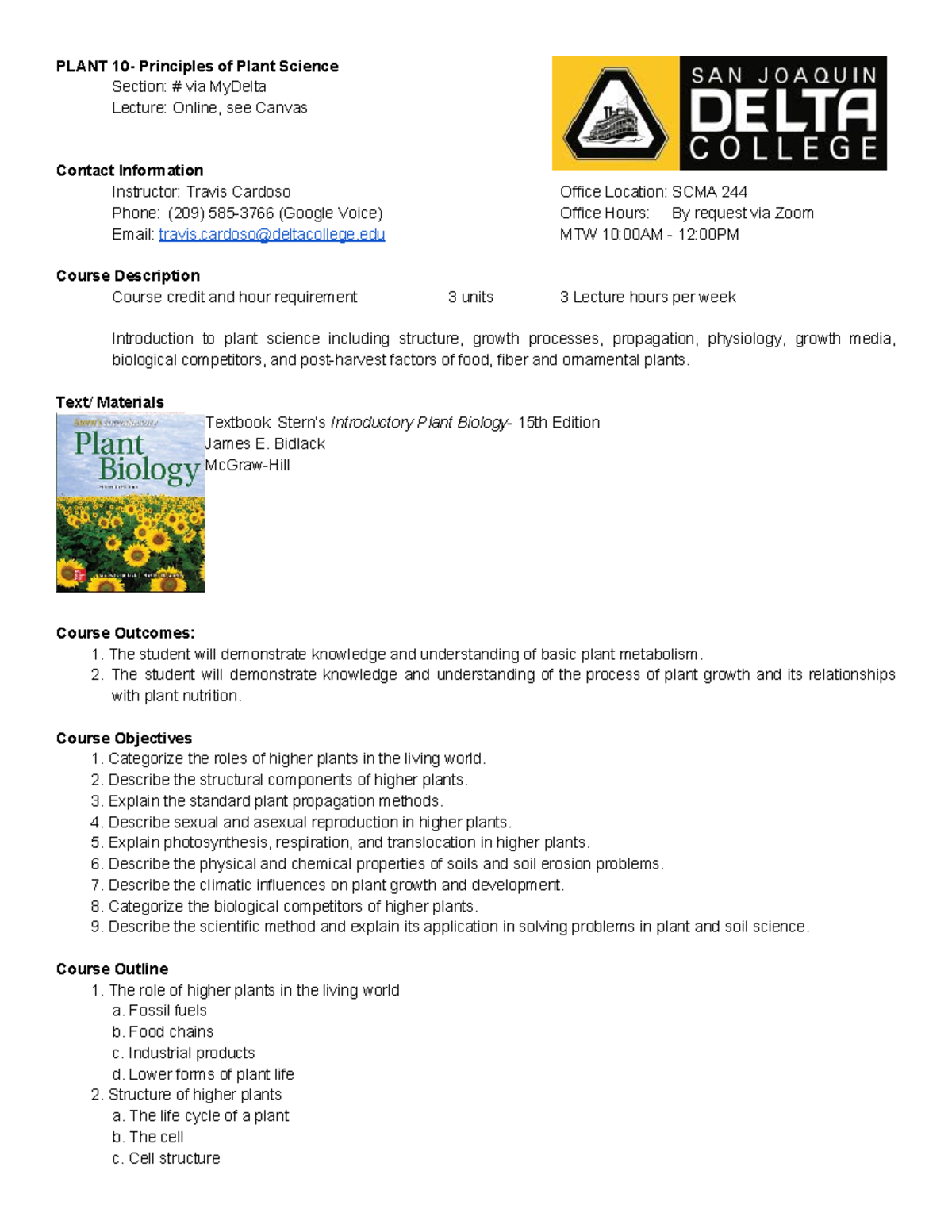 PLANT 10 Syllabus - PLANT 10- Principles of Plant Science Section ...