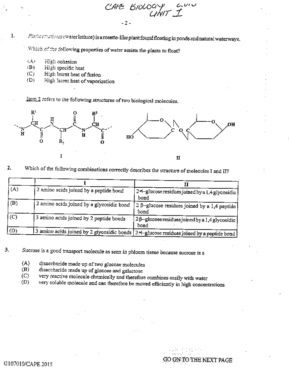 CAPE Biology 2015 U1 P1 - Practice MCQ - C4re 6PbOV o'u') urtrr -/-2- 1 ...
