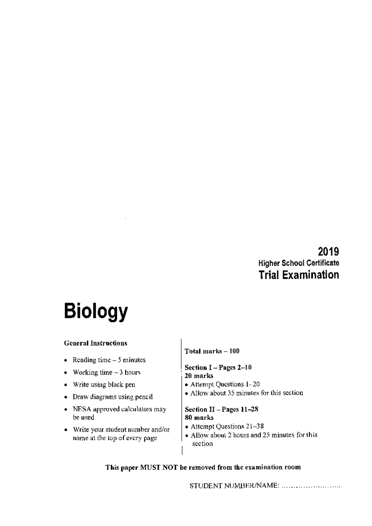 2019 Biology Independent trial EXAM - 2019 Higher School Certificate ...