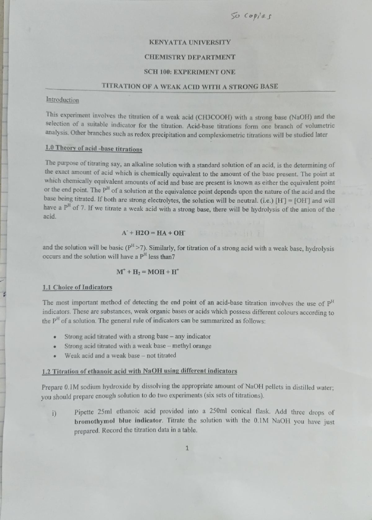 SCH100 Experiment 1 - Good to use - So Coplas KENYATTA UNIVERSITY ...