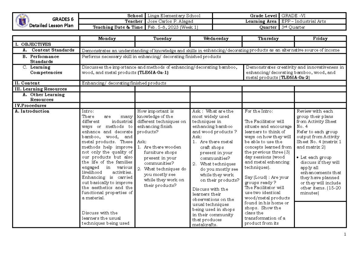DLP-TLE-IA (WEEK 2) - Industrial Arts Daily Lesson Log - School Linga ...