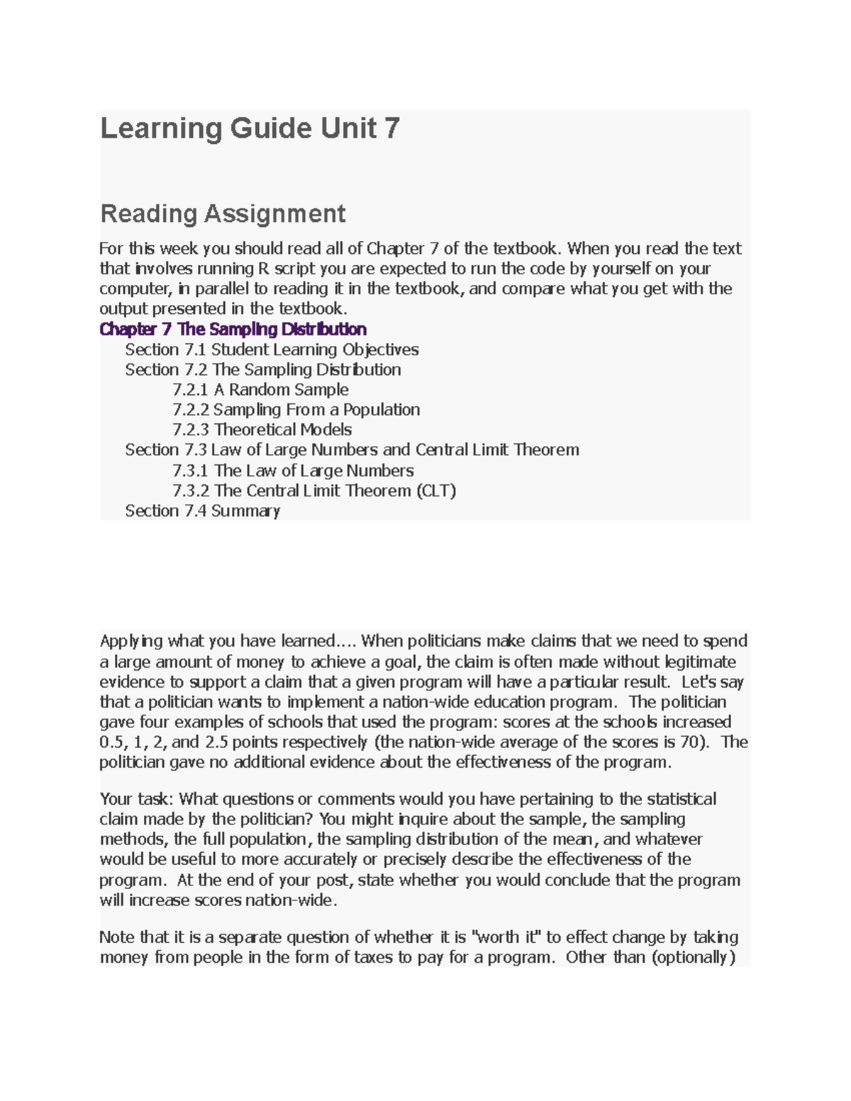 Learning Guide Unit 7 MATH 1280 - Learning Guide Unit 7 Reading ...