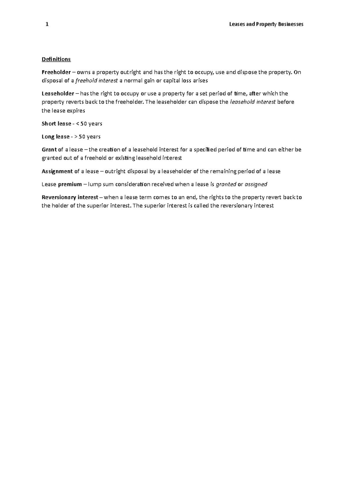 Leases and Property Businesses - Definitions Freeholder – owns a ...