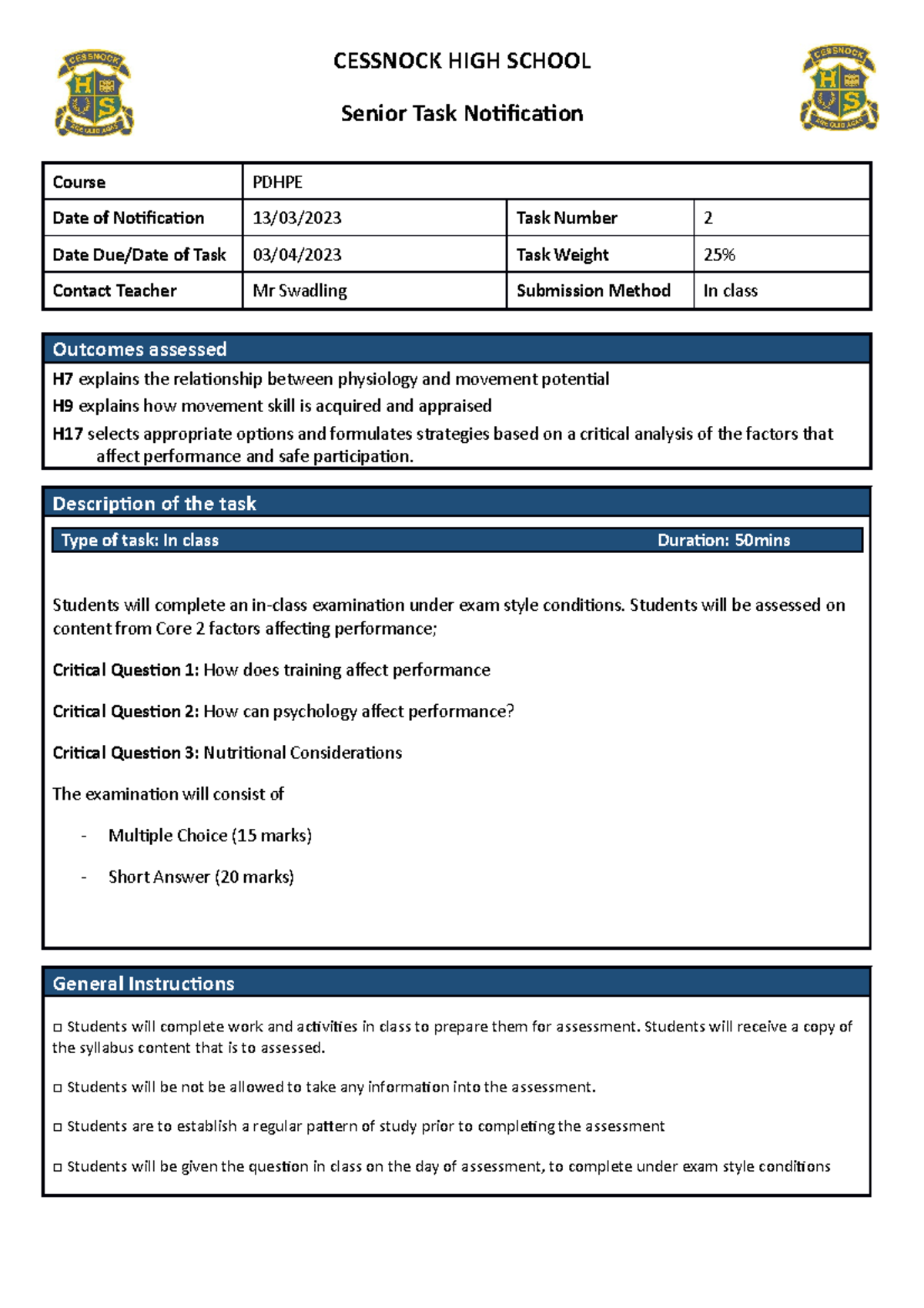 Assessment Task 2- Core 2 Factors affecting performance - CESSNOCK HIGH ...