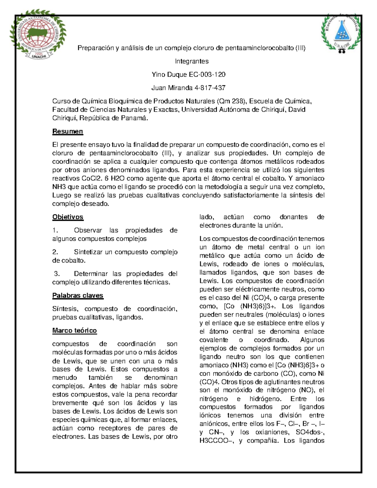 EXP # 4 INOR - informe - Preparación y análisis de un complejo cloruro ...