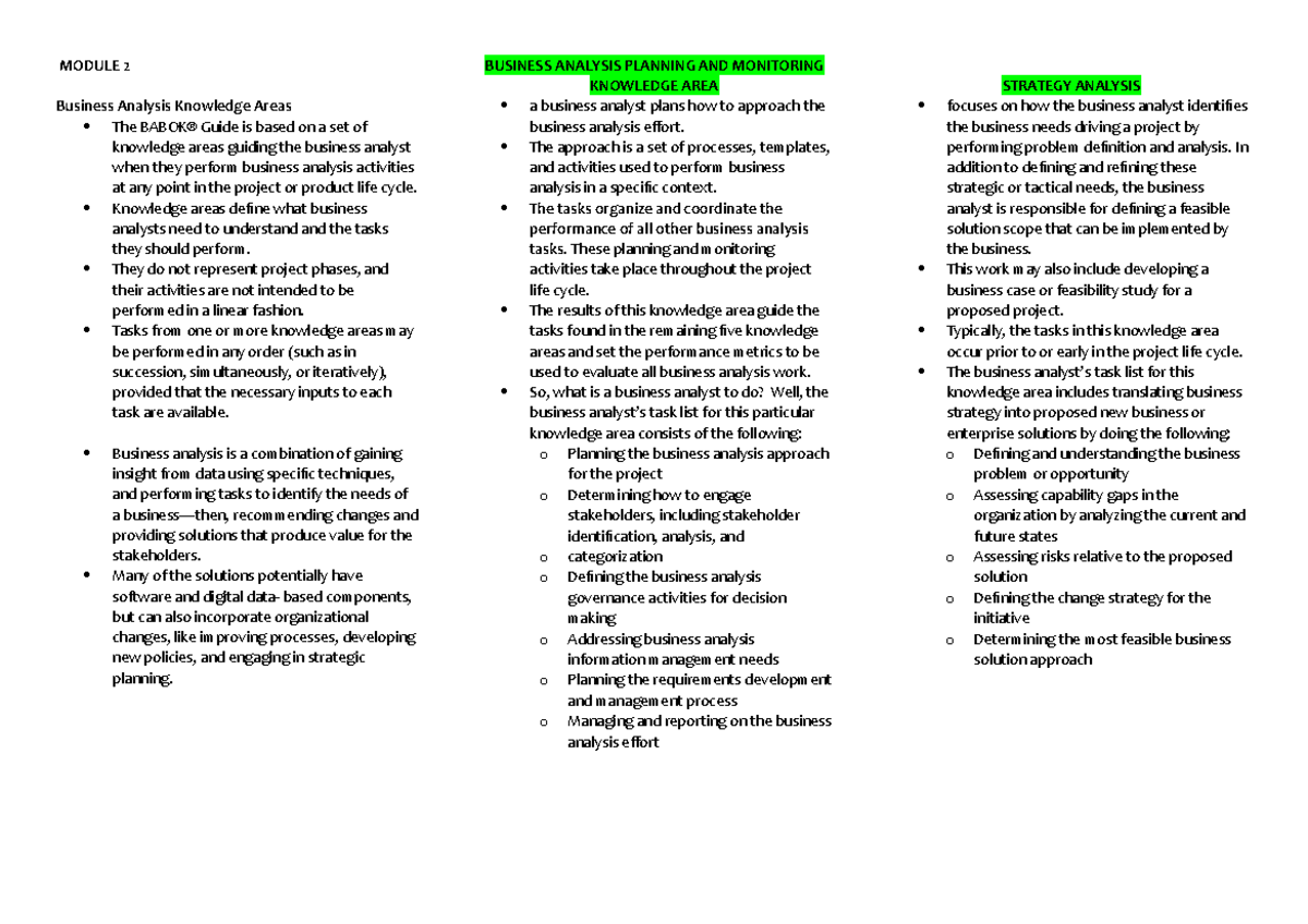 Notes Module 2 - study smart - MODULE 2 Business Analysis Knowledge ...