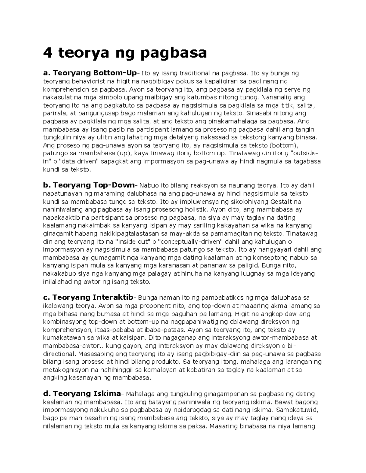 Scribd - the folder is - 4 teorya ng pagbasa a. Teoryang Bottom-Up- Ito ...