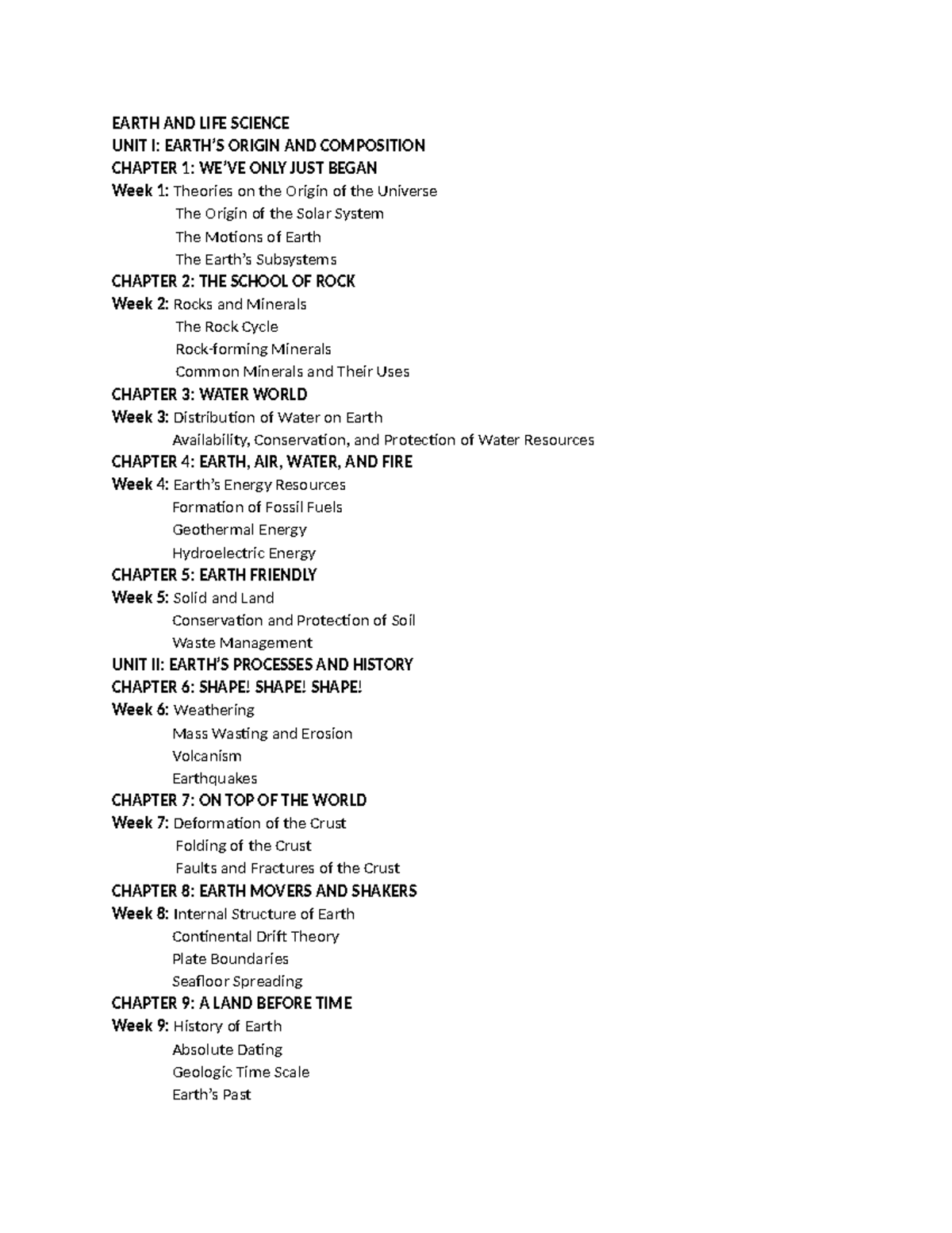 Earth AND LIFE Science - Topic Outline - EARTH AND LIFE SCIENCE UNIT I ...
