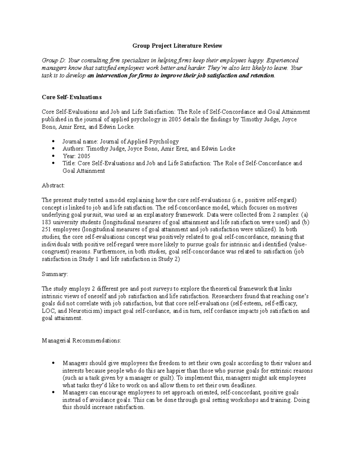 Group Project Literature Review - Experienced managers know that ...