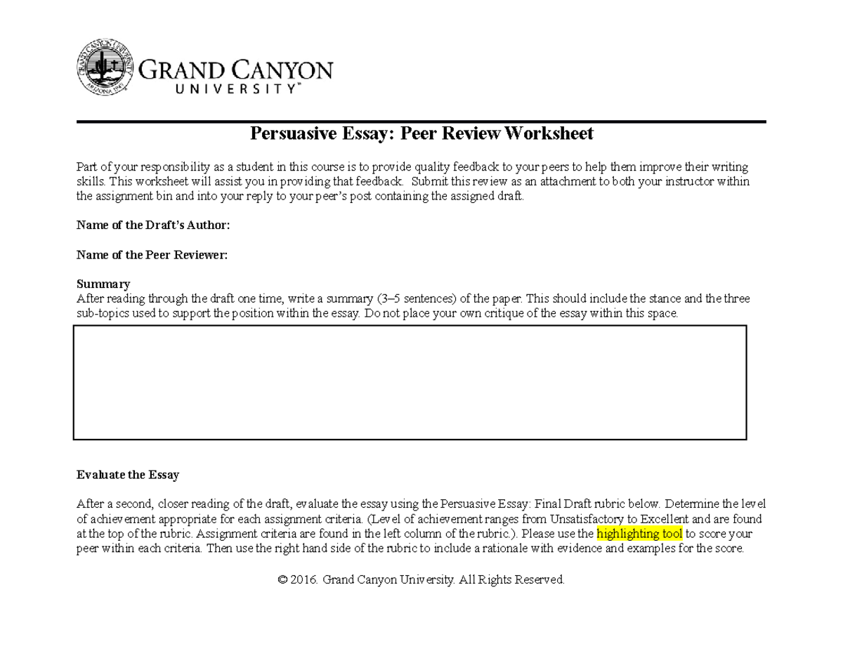 PHI-105 T-6 Persuasive Essay Peer Review Worksheet - Persuasive Essay ...