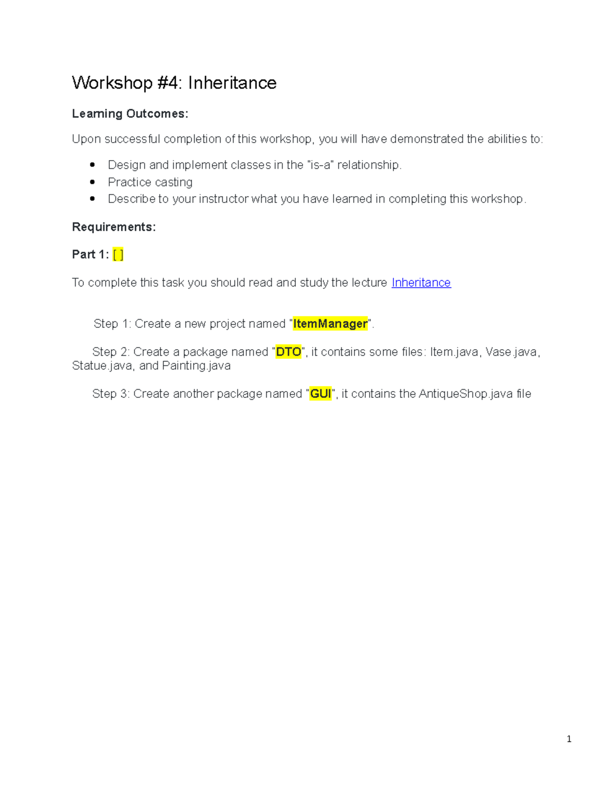 Workshop 4 - Workshop #4: Inheritance Learning Outcomes: Upon ...
